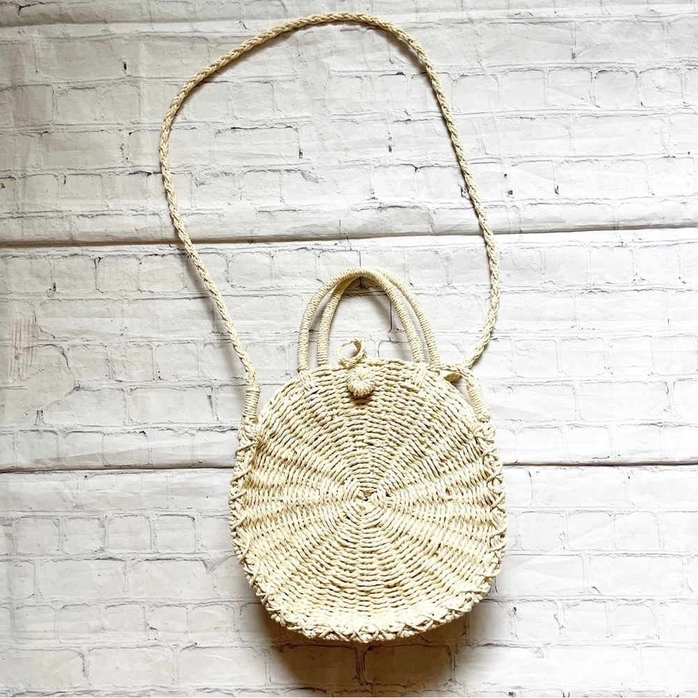 Natural Straw Braided Round Crossbody Purse - Gem